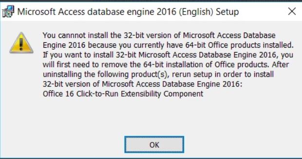 MS Access Engine 2016 32-bit compatibility issue with MS Office 2016 64-bit