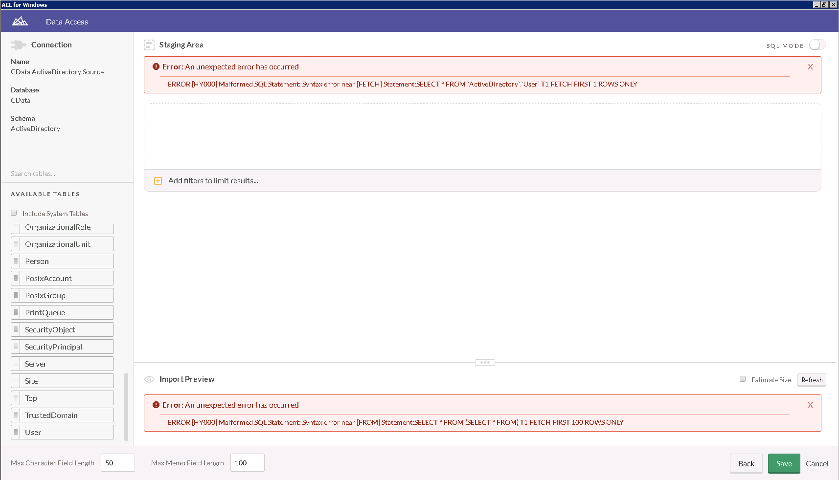 Importing Data Using Active Directory Odbc Driver Fails Using Data Access Wizard